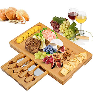 Bamboo Cheese Board and Knife Set, Cheese Plate Charcuterie Platter Serving Tray for Wine, Crackers, Brie and Meat, Large Thick Wooden Server, Fancy House Warming Gift for Gourmets (16''x10'')
