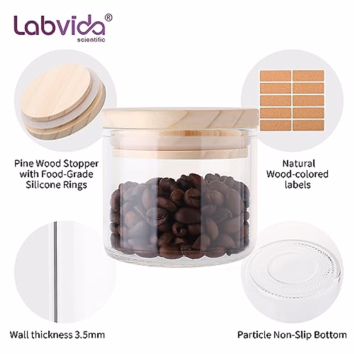 Labvida 4pcs Glass Food Storage Jars 21.3/47.7oz-2/2pcs Food Containers with Airtight Pine Lids, for Pasta, Cookies, Nuts, Coffee Beans, Cereal, Glass Canisters for Kitchen, Pantry,LVAG007