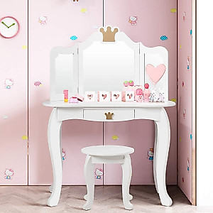KOTEK Kids Vanity Set w/Tri-Folding Mirror, Princess Makeup Dressing Table w/Detachable Top & Drawer, 2-in-1 Vanity Table and Chair Set, Crown Pretend Beauty Play Vanity for Girls (White)