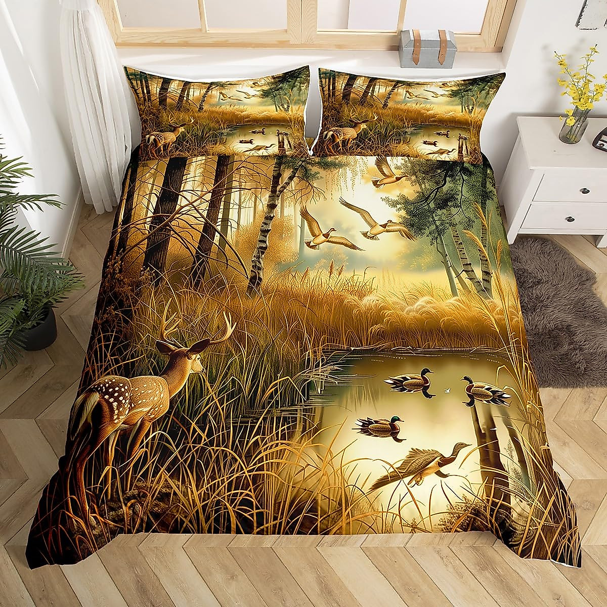 Feelyou Cute Deer Bedding Set King Size Deer Hunting Bedding Duvet Cover Set Antlers Mallard Duck Wild Animal Wild Duck Hunting Fall Tree Lake Comforter Cover Set Yellow Bedspread Cover(No Comforter)