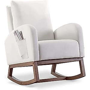 Belandi Rocking Chair Nursery, Velvet Nursery Glider Upholstered Accent Rocker Armchair with Side Pocket for Living Room Bedroom Offices (Cream White)