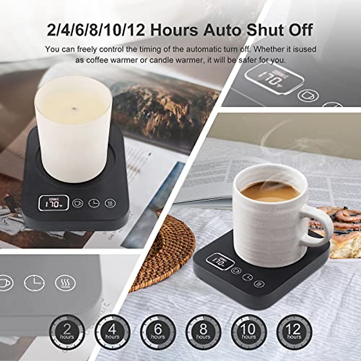 Mug Warmer, ANBANGLIN Coffee Warmer for Desk with Gravity Sensor, Coffee Mug Warmer with 2/4/6/8/10/12H Auto Shut Off, Coffee Cup Warmer with 3 Temp Settings, LED Display, A Cup Lid Included