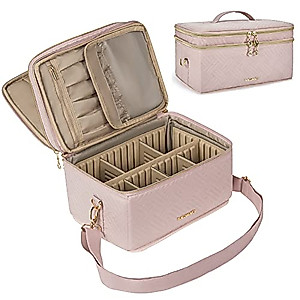 BAGSMART Medium Makeup Bag, Double Layer Large Cosmetic Makeup Organizer Travel Makeup Train Case with Shoulder Strap for Cosmetics Makeup Brushes Toiletries Travel Accessories (Pink)