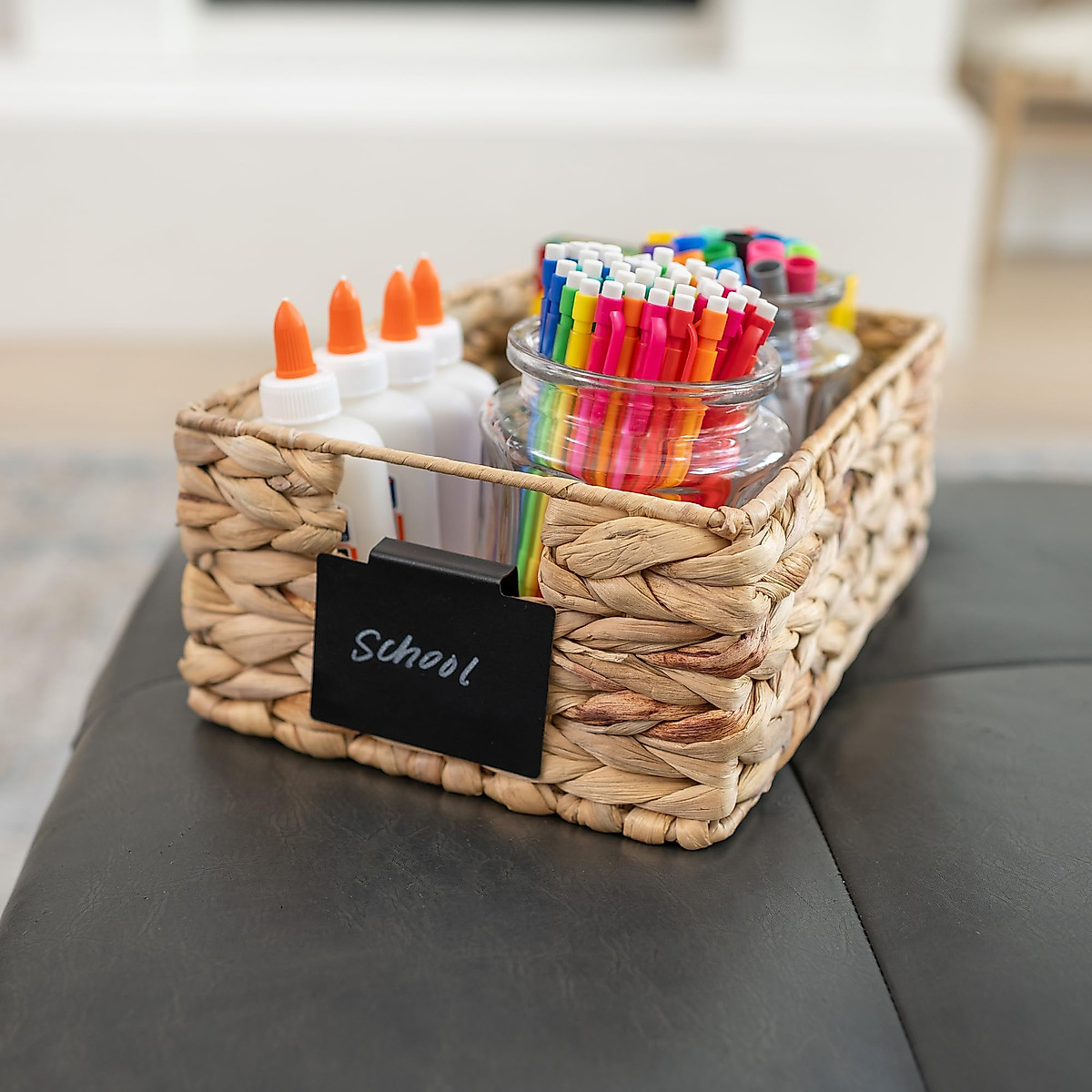 Set of 4 Handwoven Water Hyacinth Storage Baskets - Organizer Wicker Baskets for Shelves with Clip on Chalkboard Labels and Chalk Markers