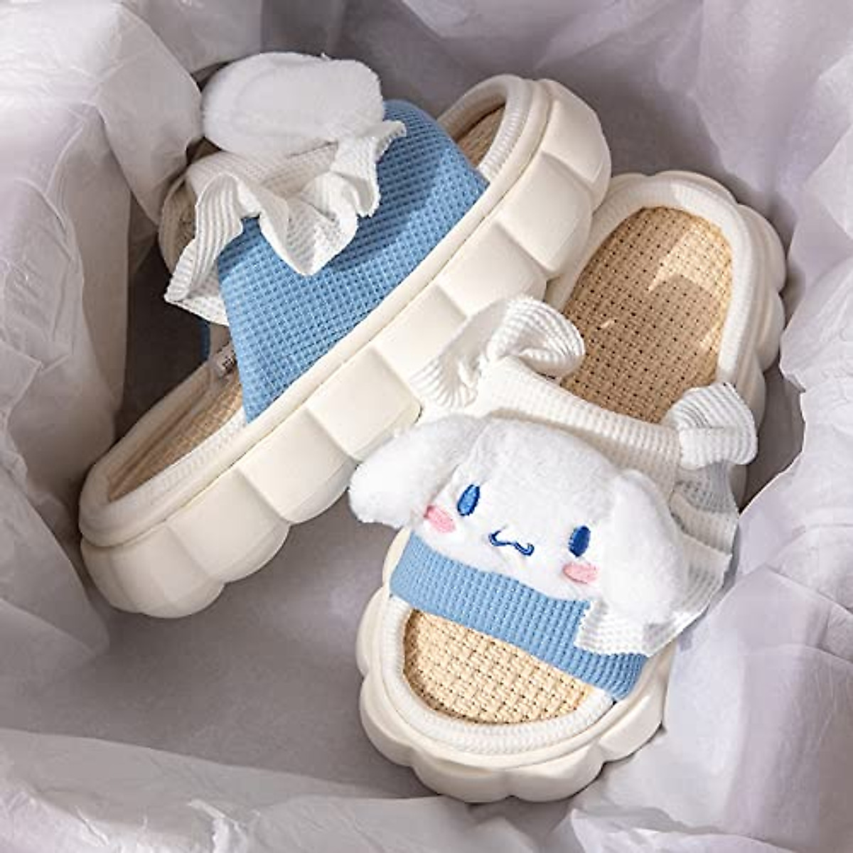 FUDEXING Kawaii Slippers For Women Fuzzy Cute Cartoon Shoes Warm Soft Sole Non-Slip Lightweight Slippers Linen Home Slippers (39-40), Blue, 8-8.5 Women/6.5-7 Men