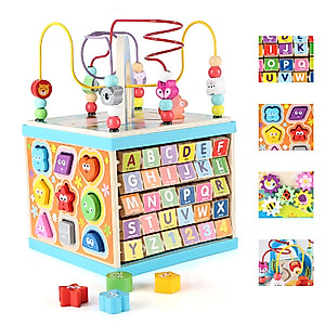 Garlictoys Wooden Activity Cube for 1 2 3 Year Old Kids,5 in 1 Multipurpose ABC-123 Abacus Bead Maze Shape Sorter|Early Educational Toy for Toddlers-Toys for 1 Year Old Boys Girls