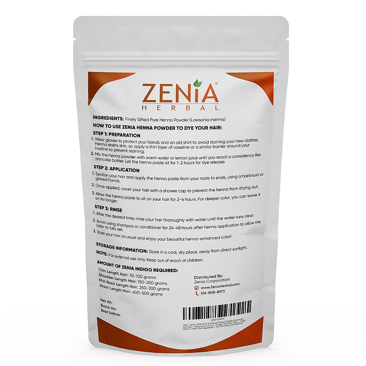 Zenia 100% Pure & Natural Henna Powder (Lawsonia Inermis) | 100 grams (3.5 oz) | Orange-Red Hair Color | Triple Sifted | Fresh from Rajasthan | No Chemicals, No Additives