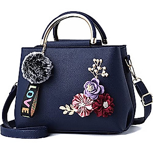 Dayfine Women Purse Top Handle Handbags PU Leather 3D Floral Inlay Satchel Bag Shoulder Crossbody Bags Ladise Medium Tote Bag with Hair Ball Pendant -Blue