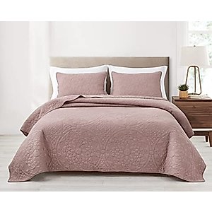 Chezmoi Collection Octavia 3-Piece Floral Medallion Embroidered Bedspread Coverlet Set - All Season Bed Cover Pre-Washed Cotton Quilt Set, Queen Size, Woodrose