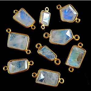 4 Piece Natural White Rainbow Moonstone Connector, Gold Plated Pendant Connector Rainbow Double Looped 8x14 to 8x16 MM Size [CQB 205]