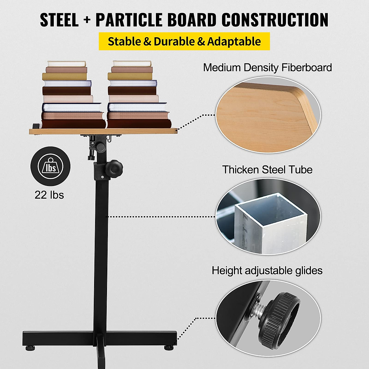 VEVOR Lectern Podium Stand, Height Adjustable Laptop Table, Portable Presentation Standing for Classroom, Office, Church, Tilting Desktop with Edge Stopper, Oak