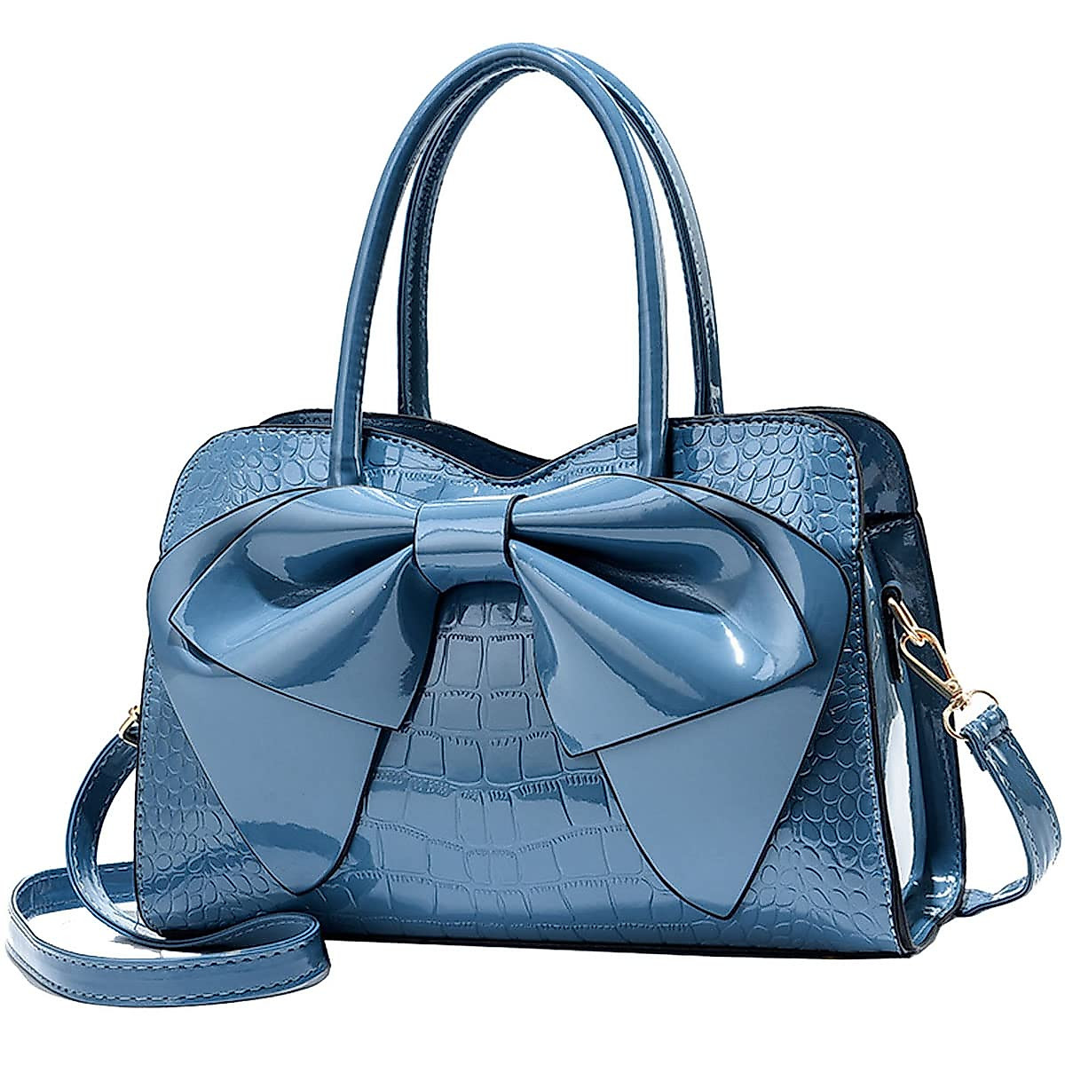 XingChen Shiny Women Handbag Patent Leather Bowknot Purse Charm Glossy Top-Handle Satchel Tote Fashion Shoulder Bag(Blue)