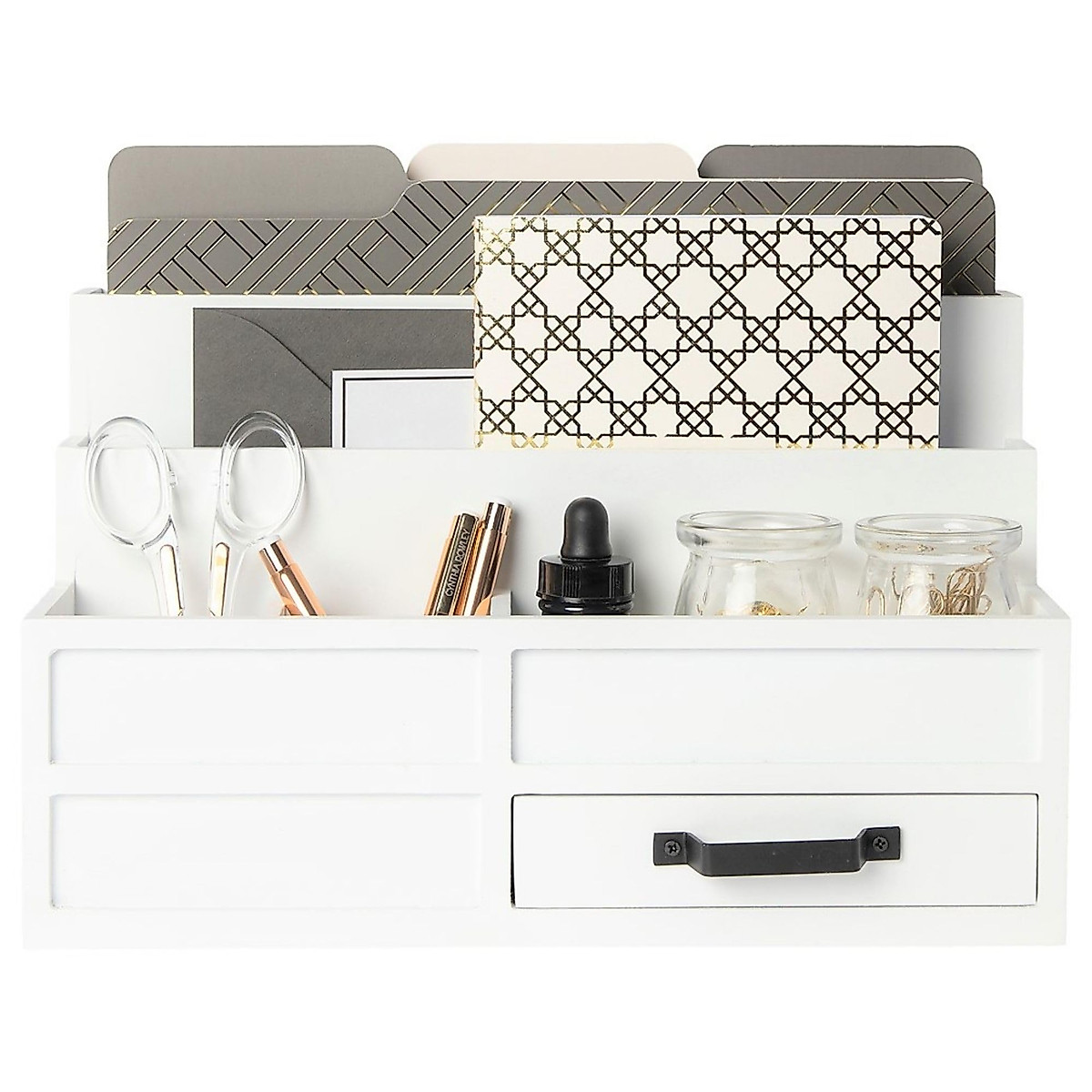 Blu Monaco White Desktop Organizer with Drawer & Pen Holder - Desk Organizers and Storage - Paper Organizer - Wood Bill Organizer for Desk - Mail Holder for Office Desk Organization Art Supply Storage