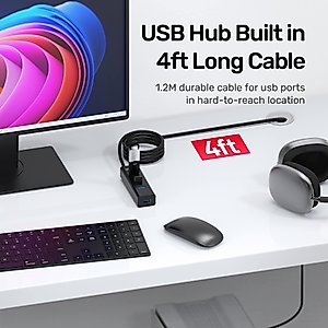 Unitek 4-Port USB 3.0 Hub, 4 Ft Long Cable USB Extension Multiple Port Splitter with Micro USB Charging Port Compatible for Windows PC, Laptop,Flash Drive,Wireless Mouse Keyboard 1.2 M - Black