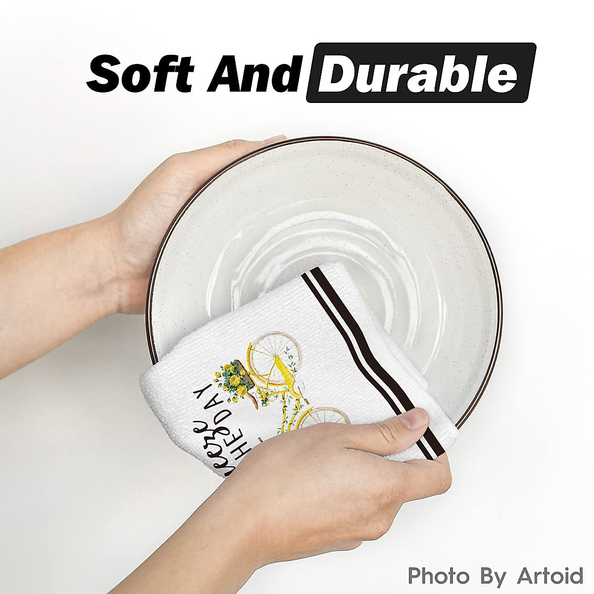 Artoid Mode Watercolor Stripes Lemon Kitchen Dish Towels Squeeze The Day, 18 x 26 Inch Seasonal Spring Summer Hello Sunshine Ultra Absorbent Drying Cloth Tea Towels for Cooking Baking Set of 2