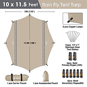 VILLEY Hammock Tent Rain Fly, Octagonal Waterproof Camping Tarp, Sun Shelter for Camping, Backpacking, Hiking, Accessory Includes Stakes, Ropes and Carry Bag (Khaki)