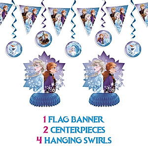 Disney Licensed Frozen Birthday Party Supplies for 16 People. Large Plates, Napkins, Elsa & Anna Centerpieces, Banner, Swirls, Table Cover. Quality Disposable Decorations for Frozen Movie Party