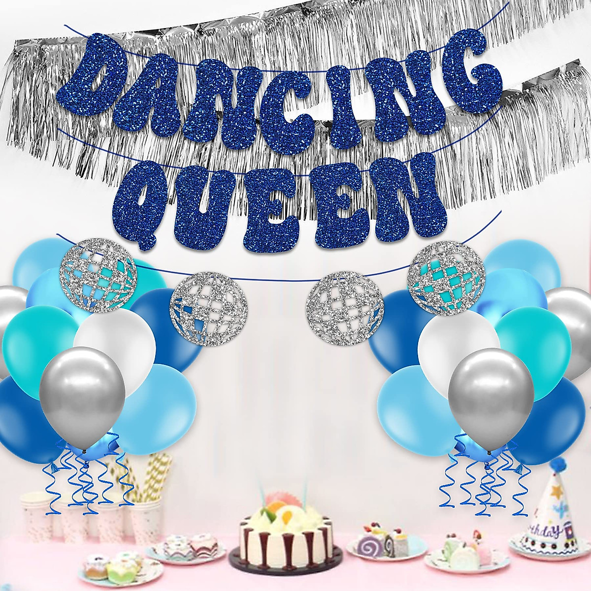 HOMEZZO Dancing Queen Party Decorations, Glitter Dancing Queen Disco Ball Banner Silver Fringe Banner for Mamma Mia Party Decorations Birthday Bridal Shower Bachelorette Wedding Party