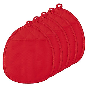 GROBRO7 5Pcs Pot Holder with Pockets Round Cotton Potholder Heat Resistant Hot Pad Machine Washable Oven Mitt Multipurpose Potholders Terry Cloth for Kitchen Baking Cooking Grilling 10 x 8 in Red