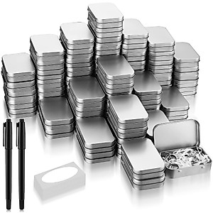 meekoo 162 Pcs Metal Tins Empty Rectangular Storage Container Kit Includes 80 Hinged Tin Box 3.7 x 2.4 x 0.8 Inch Craft Organizers Metal Boxes Small With Lids 80 Adhesive Tags 2 Black Paint Pens