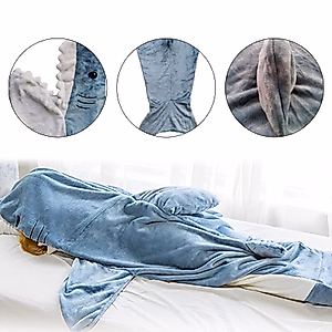 Shark Blanket Wearable Flannel Blanket Cozy Blanket Hoodie Shark Sleeping Bag Cartoon Animals One-Piece Blanket for Adults & Kids Blue XL(61-66in)