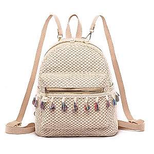 Meyaus Women Small Tassels Pearl Zipper Straw Woven Backpack Daypack Convertible Cross-body Shoulder Bag