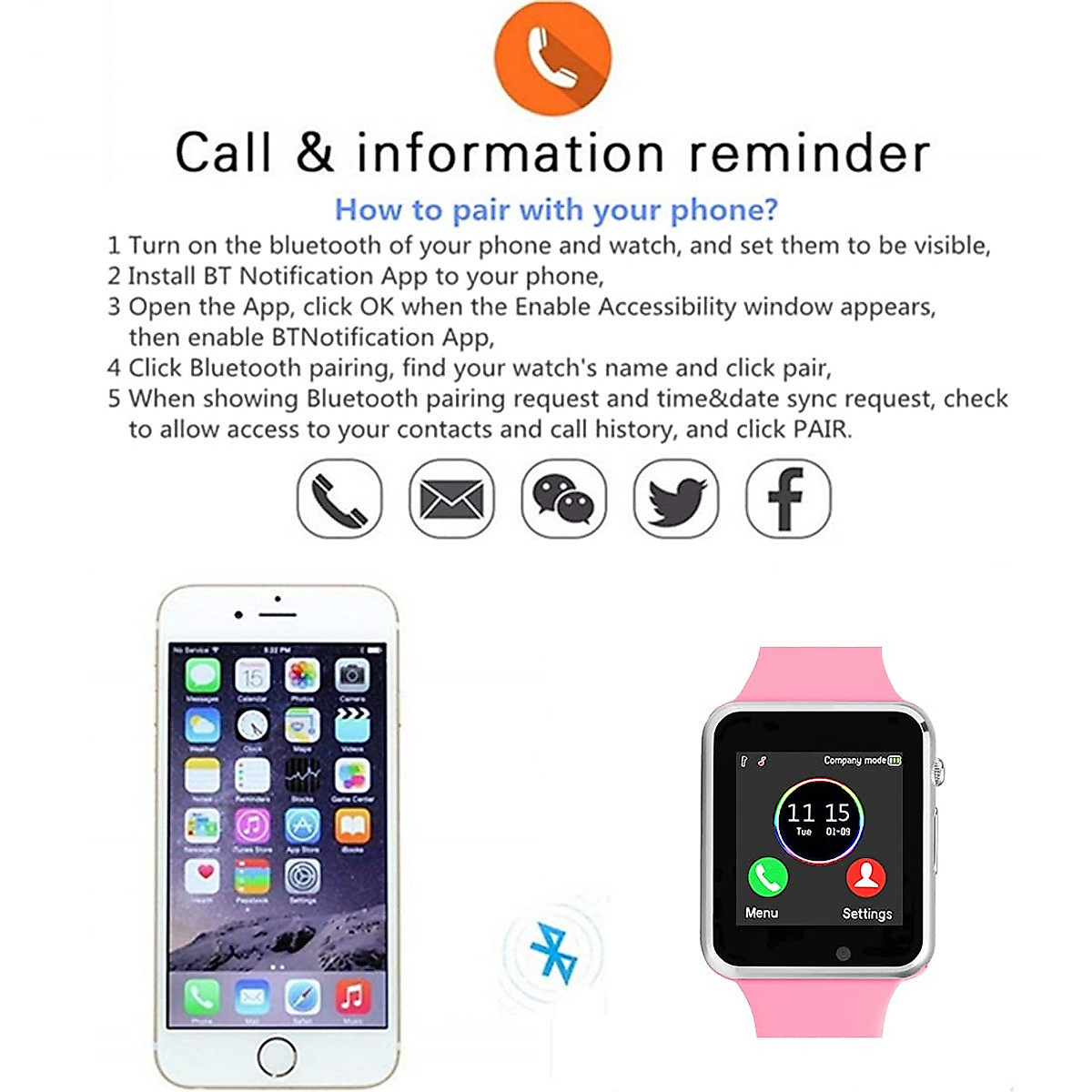 Amazqi Smart Watch with SD Card Pedometer Call Text Notification Music Player Camera Compatible with Android and iPhone (Partial Functions) for Women