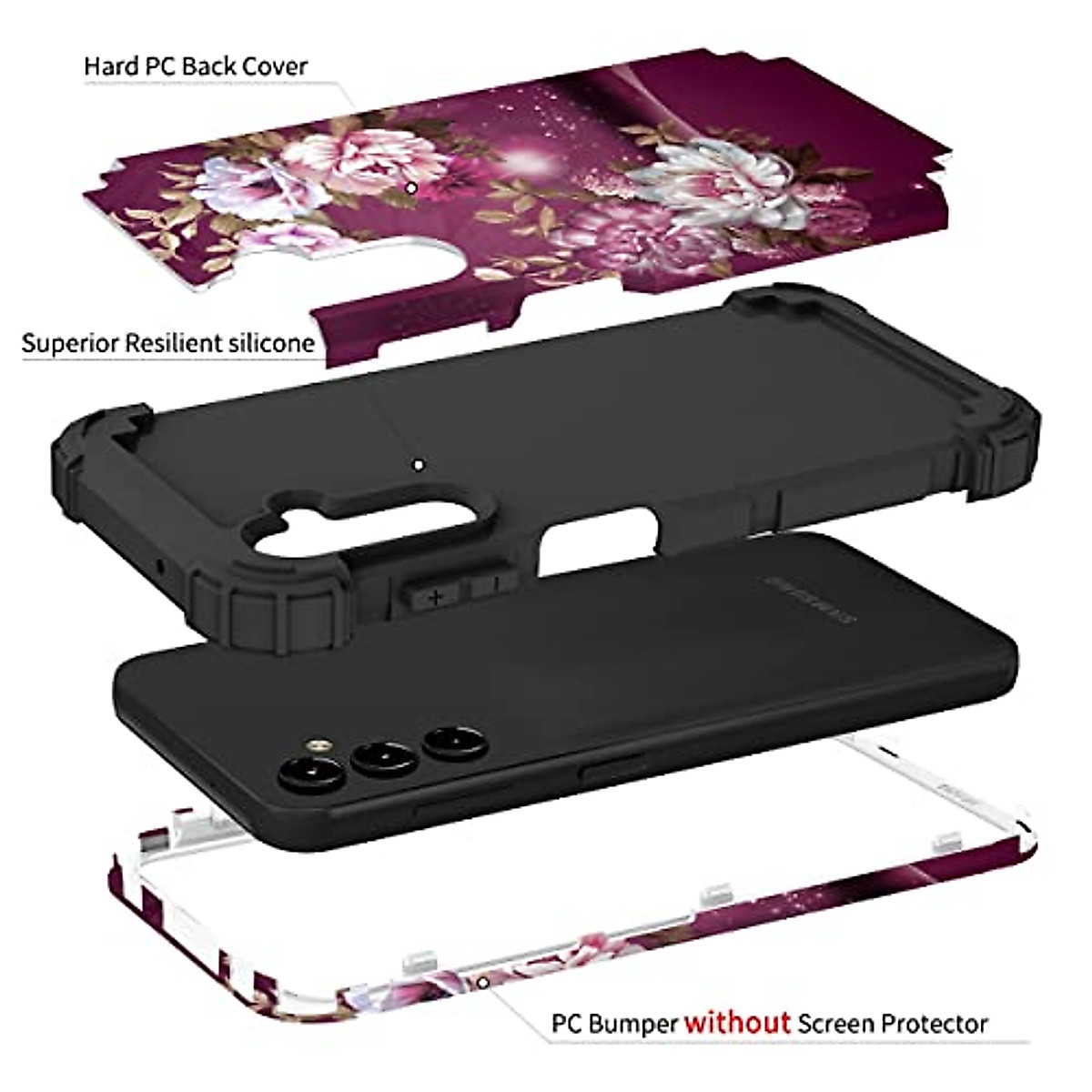Hocase Heavy Duty Shockproof Protection Soft Silicone Rubber Bumper+Hard Plastic Hybrid Protective Case for Samsung Galaxy A14 5G (6.6" Display) 2023 - Burgundy Flowers