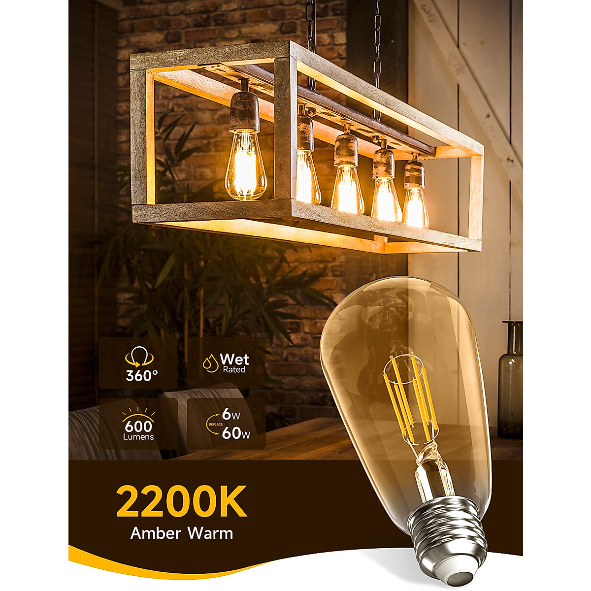 UNILAMP Dimmable LED Edison Bulb, ST64 E26 Base Lighting Vintage LED Bulbs, 6W Vintage LED Light Bulb(60W Equivalent), 600lm, 2200K Amber Warm, High Brightness Amber Glass (2 Packs)