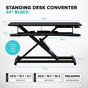 RIF6 34 Inch Convertible Standing Desk – Desk Riser with Customizable Height Settings – Sit to Stand with Spring Assisted Handle – Comes with Tablet and Phone Holder – Black