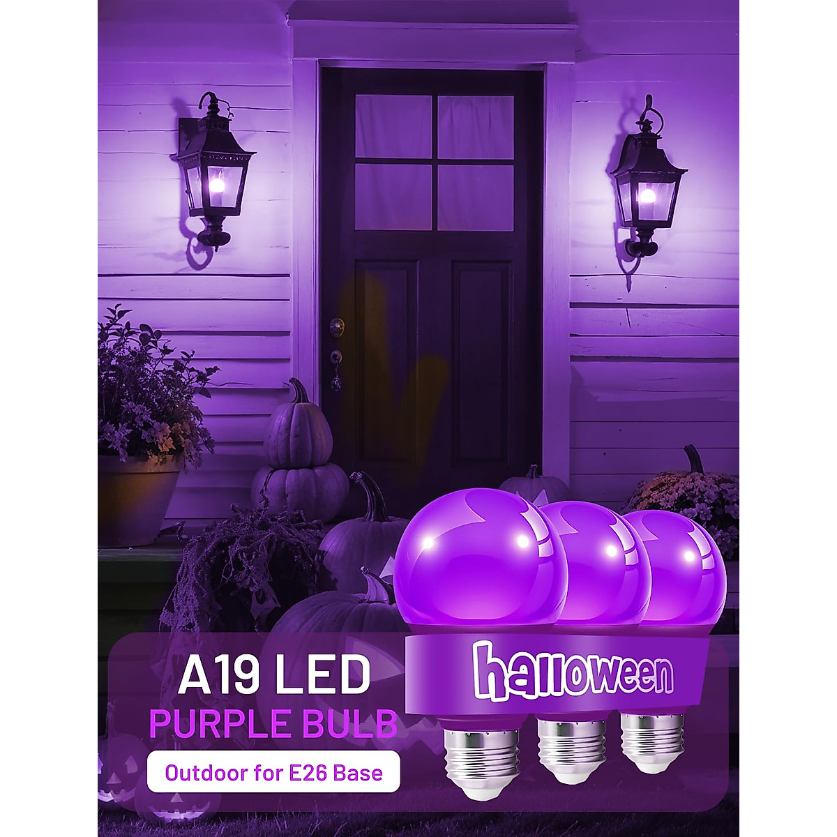 MCDYLUK LED A19 Purple Light Bulbs, 9W (60W Equivalent), E26 Base LED Purple Bulb, Non-Dimmable, Halloween Decoration, Party Decoration, Porch, Front Door, Home Lighting, Holiday Lighting, Pack of 3