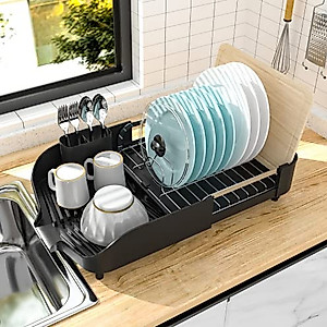 TOOLF Extendable Dish Drying Rack, Dual Part Dish Drying Rack, Adjustable Dish Drainers for Kitchen - Non-Scratch and Movable Cutlery Drainer and Drainage Spout Included, 1 Piece, Black