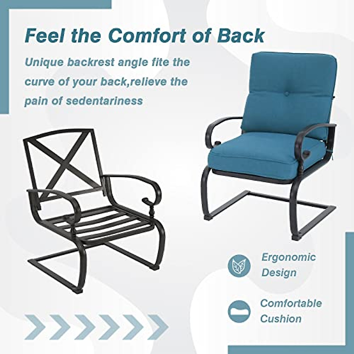 Oakcloud Outdoor Bistro Set 3-Piece Spring Metal Lounge Cushioned Chairs and Bistro Table Set Wrought Iron Cafe Furniture Seat, Blue