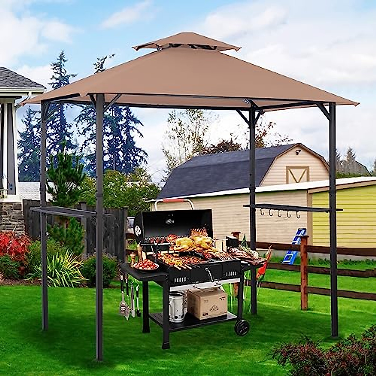 Akeacubo Replacement Canopy Cover with Double Tiered Roof Fit for 5'x8' BBQ Grill Gazebo Model L-GG001PST、L-GZ238PST - Khaki