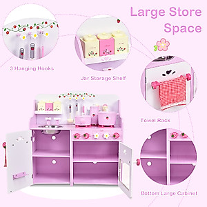 Costzon Kids Kitchen Playset, Wooden Pink Strawberry Themed Pretend Toy Set with 13-Pieces Cookware, Realistic Sound, Pot, Pan, Sink, Oven, Kitchen Set Gift for Toddlers, Girls