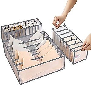 ABC life 3Pcs Underwear Drawer Organizer Set, Foldable Sock Bra Underpants Organizer Drawer Divider, Washable Closet Cabinet Storage Boxes for Clothes, Stockings, Ties and Bras (6+7+11 Grid, Grey)