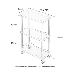 KSacry Acrylic Utility Carts - 3 Tier Rolling Side Table for Small Spaces, Acrylic Rolling Cart for Bathroom, Laundry Room, Bedroom,Living Room, Office -15.6'' L x 7'' W x 24'' H