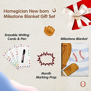 Homegician Baby Cotton Swaddle Blanket, Baseball Design, 40x50 Inch, Includes Props, Marker, and Birth Announcement Cards, Unisex