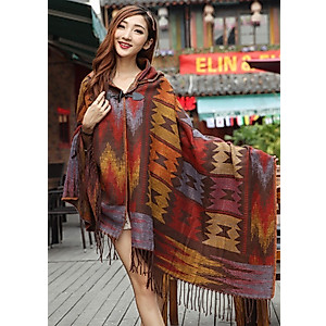 YEESAM Hoodie Poncho Bohemian Blanket, Hooded Shawl Cape Cloak Scarf Tassel