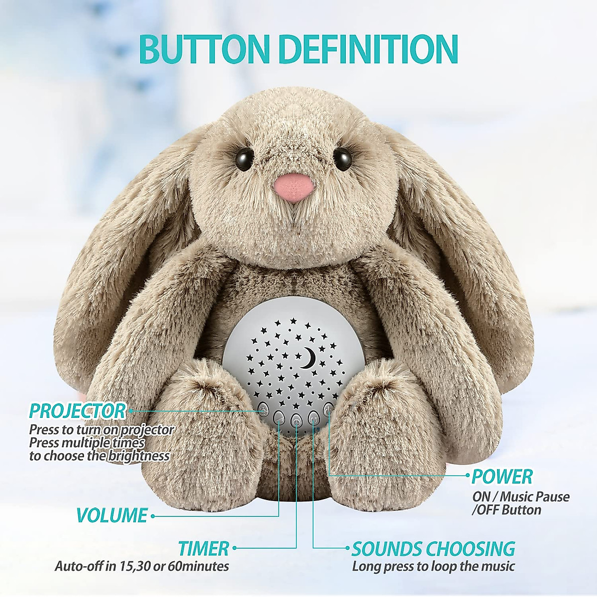 BEREST Baby Sleep Soother Bedtime Bunny with Starry Projector Night Light, Plush Stuffed Animal for Newborn Infants, Lullaby Music, White Noise, Mother's Heartbeat for Boys & Girls Shower Gifts