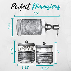 Autumn Alley Adorable 3 Piece Farmhouse Bathroom Accessory Set for Sink/Vanity with Galvanized Soap Dispenser, Cotton Ball Container with Lid, Qtip Organizer- Galvanized Farmhouse Bathroom Decor