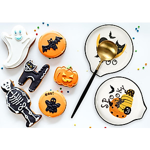 Whaline 2Pcs 4.7inch Halloween Ceramic Spoon Rest Spooky Pumpkin Black Cat Small Coffee Spoon Holder for Coffee Stirrers Teaspoon Bar Spoon Coffee Station Bar Accessories