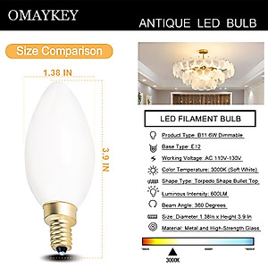 OMAYKEY 6W Dimmable LED Candelabra Bulbs 60W Equivalent 600 Lumens, 3000K Soft White E12 Candelabra Base, Vintage Edison Style B11 / C35 Milky White Glass LED Filament Chandelier Light Bulb, 10 Pack