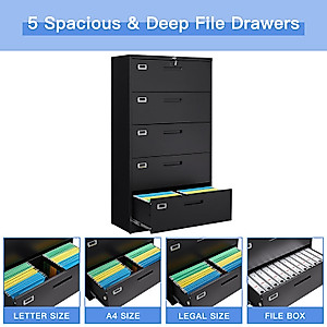 Yizosh 5 Drawer Black File Cabinet with Lock, Filing Cabinet for Home Office, Metal Locking Office File Storage Cabinet with Drawers, Lateral Filing Cabinet Organizer for Letter/Legal/F4/A4