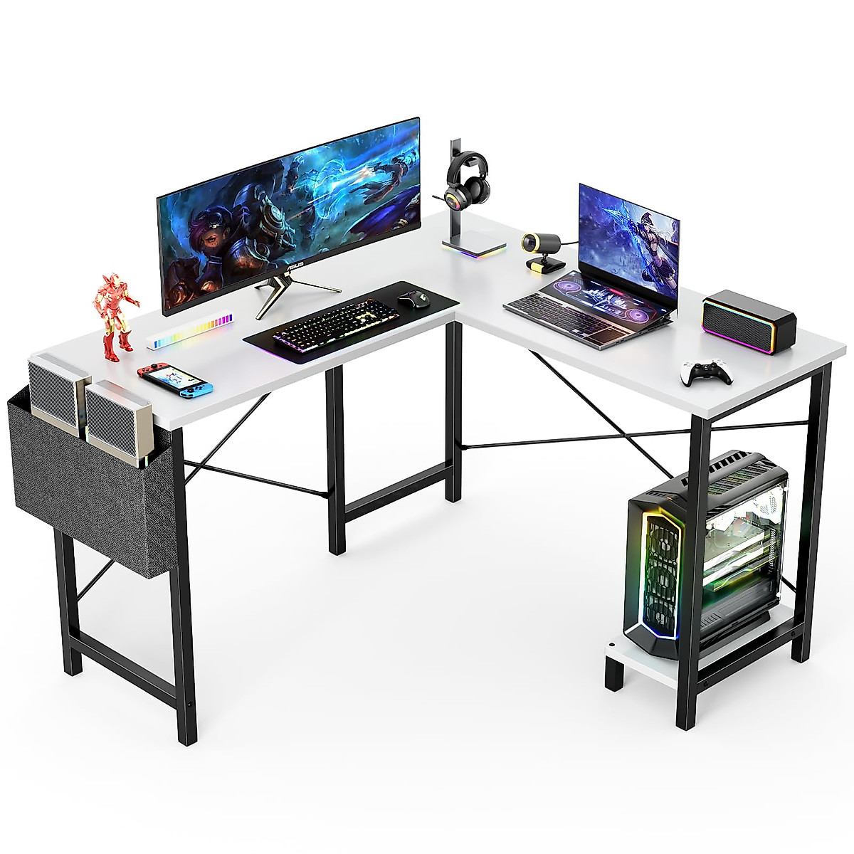 DUMOS L Shaped Computer Desk Wood Corner PC Gaming Table with Side Storage Bag for Home Office Small Spaces