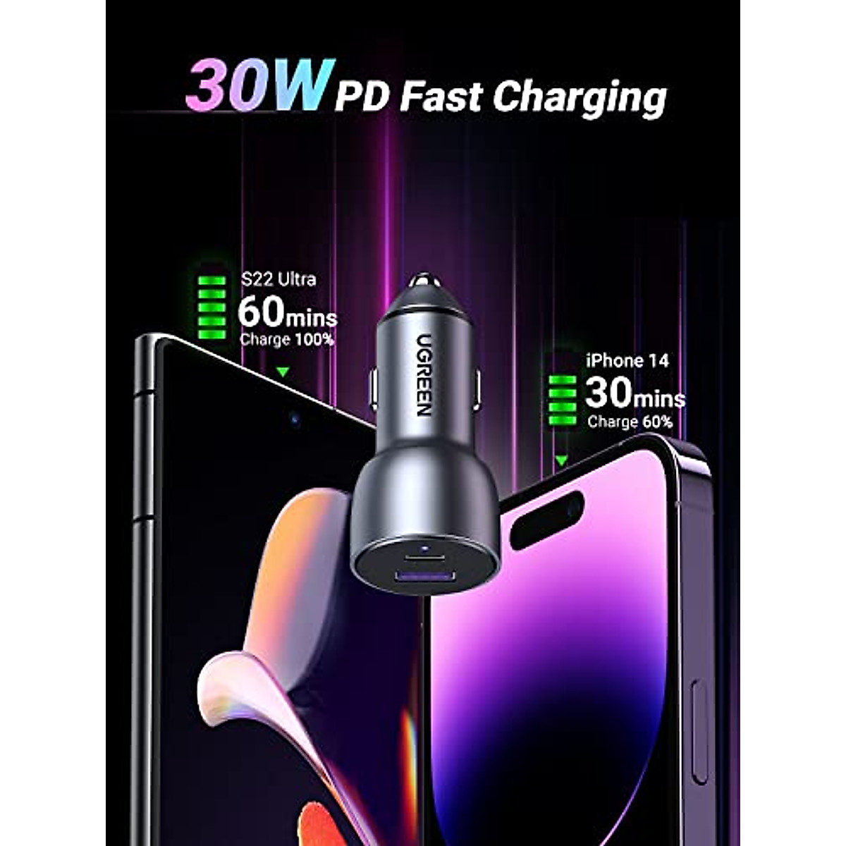 UGREEN USB C Car Charger, 52.5W Type C Car Charger PD 30W&QC 18W, Fast Car Charger Adapter Compatible with iPhone 14/13/12/11, iPad Pro/Mini/Air, Galaxy S23/S22/S21/S20/S10/Note 20, Pixel 7/6/5