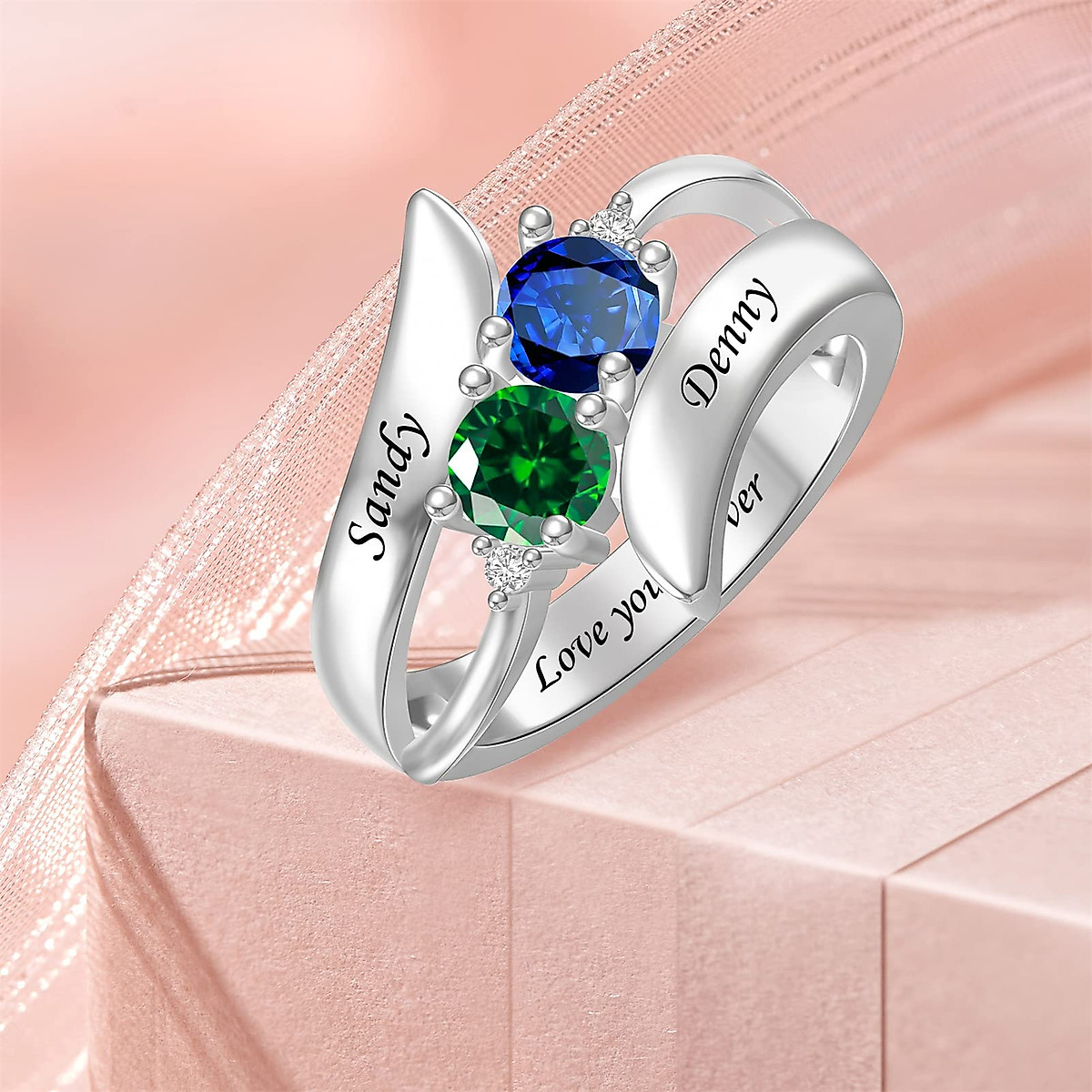 BAUMA AUTO Personalized 2 Birthstone Infinity Rings Engraved Name Promise Ring Custom 925 Sterling Silver Engagement Wedding Rings for Couples Valentines Mother’s Day (Rose gold)