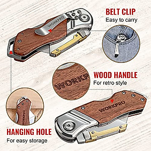 WORKPRO Folding Utility Knife with Belt Clip and Extra 10-piece Blades, Wood Handle Heavy Duty Cutter, Quick-change & Back Lock