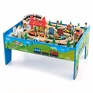 Costzon Train Table with 100 Multicolor Pieces, Wooden Kids Activity Table with Large Rolling Storage Drawer, Tracks, Cars, DIY Design, Train Set Table for Toddlers 3+, Gift for Boys Girls