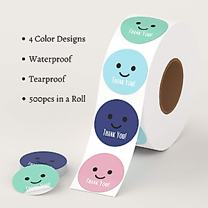 Mobiusea Party Thank You Stickers Roll | Happy Smiley Faces |1.5 inch | Waterproof | 500 Labels for Small Business, Packaging, Mailer Seal Stickers, Baby Showers, Kids Birthday Party | 4 Color Designs